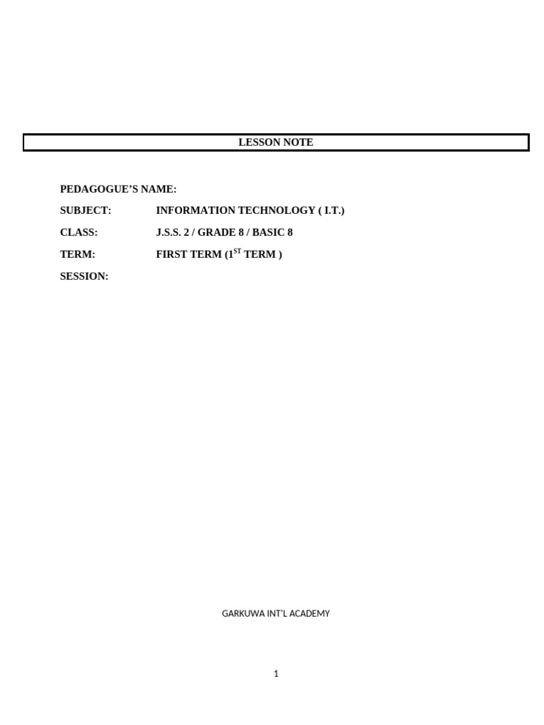 Lesson Note JS 2 Computer 1ST Term1 | PDF | Computer Hardware ...