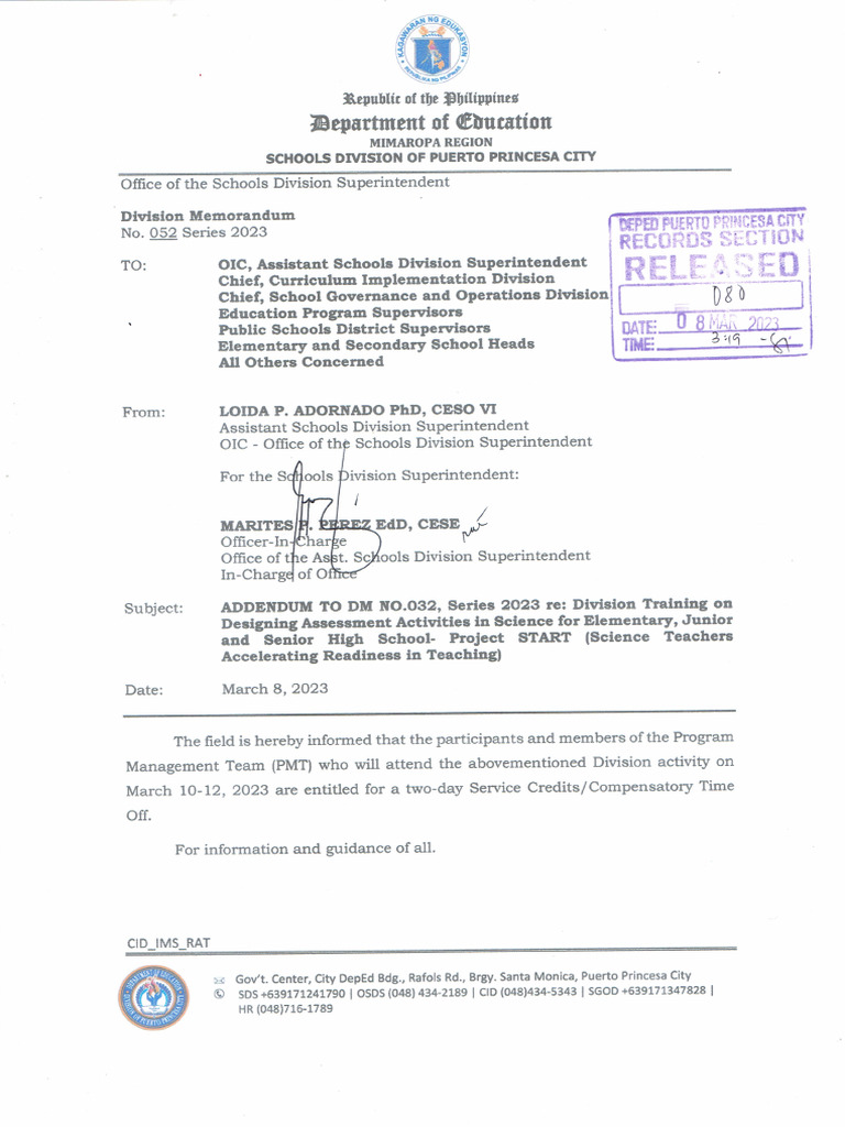 ADDENDUM TO DM NO. 032 – Series 2023 re- Division Training on Designing ...