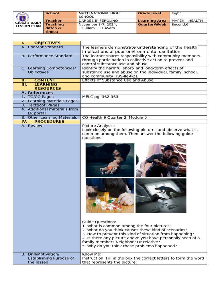 Co DLP Q2 W6 Mapeh - Health Grade 9 | PDF | Learning | Substance Abuse