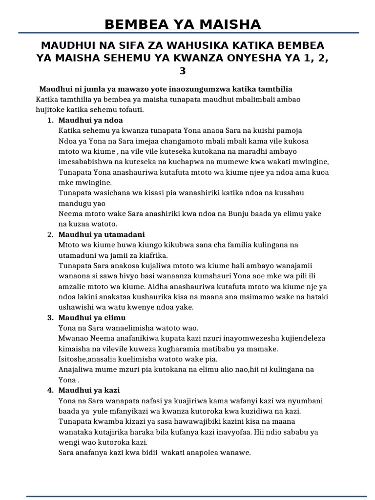Maudhui Na Sifa Za Wahusika Katika Tamthilia Ya Bembea Ya Maisha | PDF