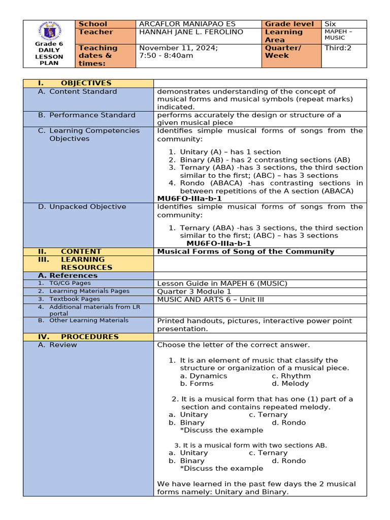 CO DLP Q3 W2 MAPEH - MUSIC | PDF | Musical Forms | Music Theory