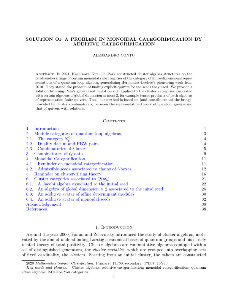 Solution of A Problem in Monoidal Categorification by Additive Categorification | PDF ...
