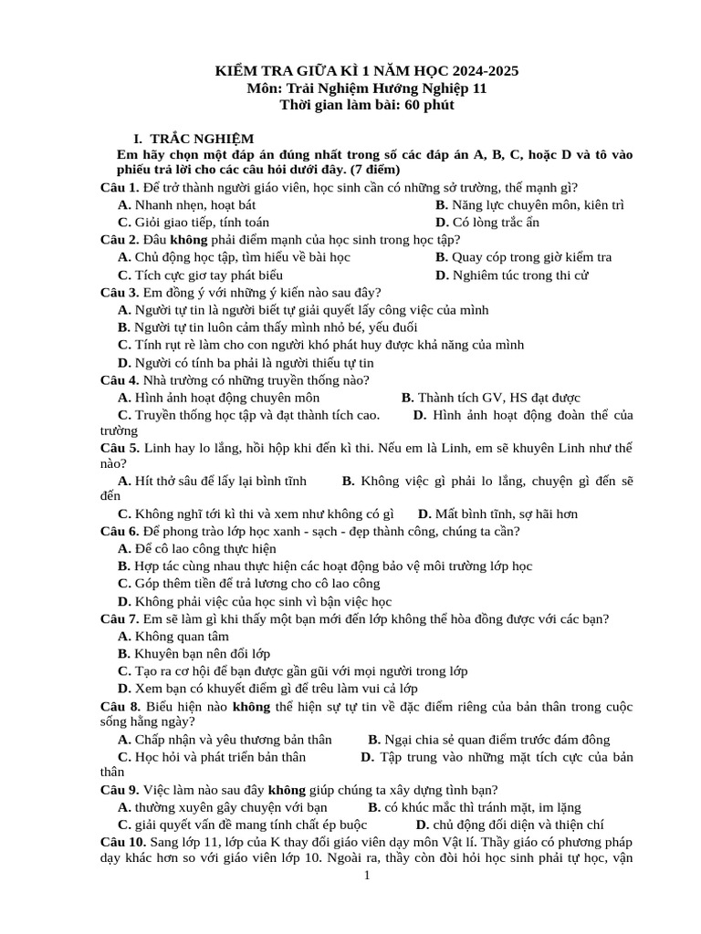 KIỂM TRA GIỮA KÌ 1 NĂM HỌC 2024 - TNHN 11 | PDF