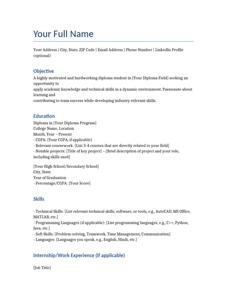 Diploma Student Resume Template | PDF