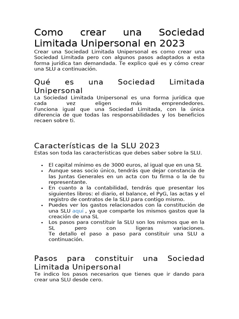 Como Crear Una Sociedad Limitada Unipersonal en 2023 | PDF | Sociedad de responsabilidad ...