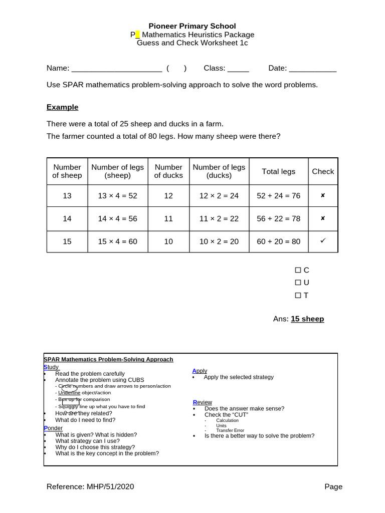 MHP51. Guess and Check Worksheet 1c | PDF