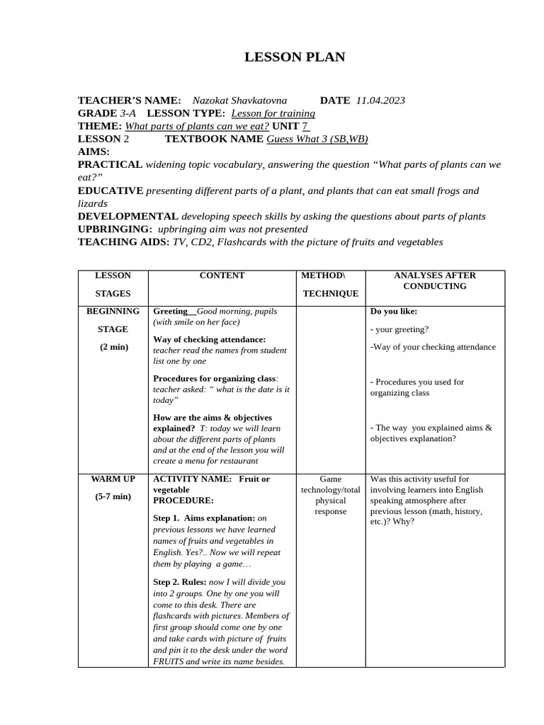Lesson Plan Observation | PDF | Learning | Lesson Plan
