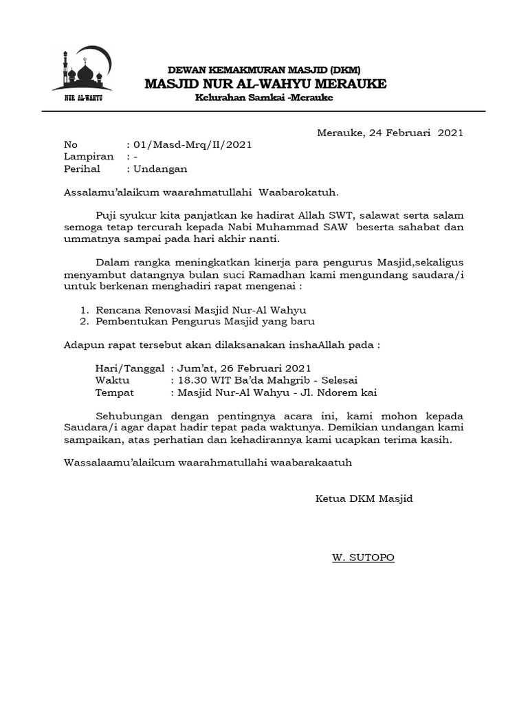 Undangan Rapat DKM Masjid Nur Al-Wahyu | PDF