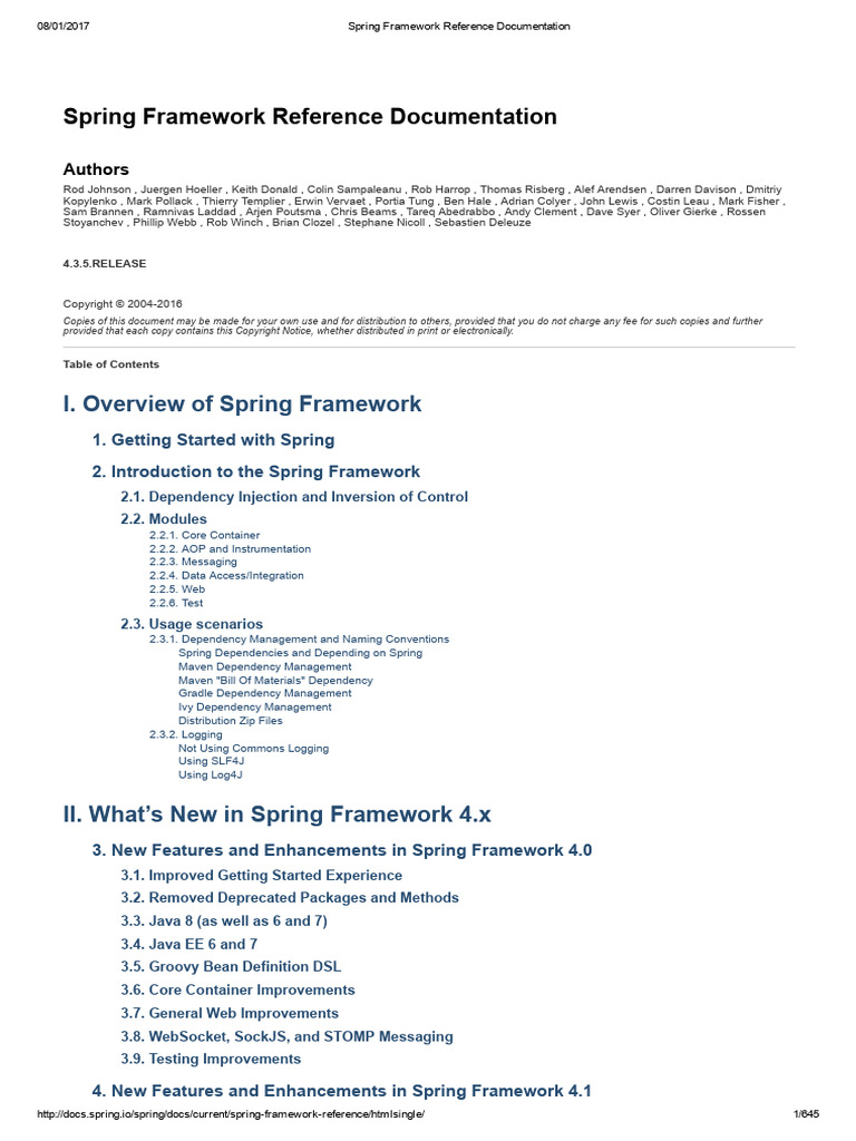 Spring Framework Reference Documentation I. Overview of Spring Framework II. What's New in ...