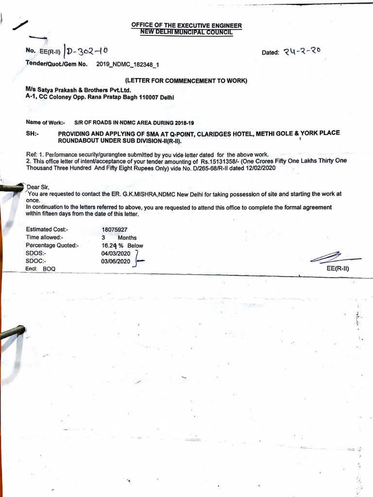 NDMC Road Work Commencement Letter | PDF
