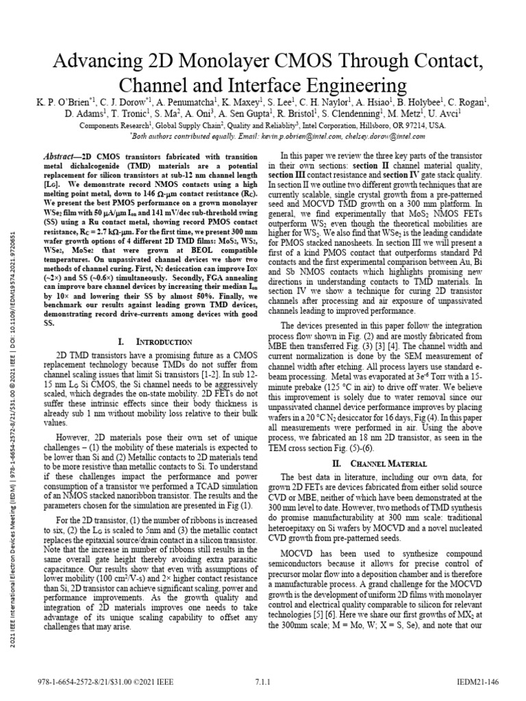 2D Monolayer CMOS Engineering Advances | PDF | Cmos | Field Effect ...