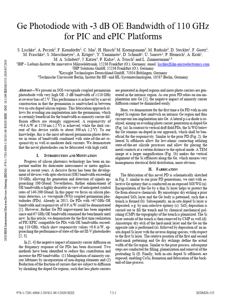 Ge Photodiode With - 3 DB OE Bandwidth of 110 GHZ For PIC and ePIC ...