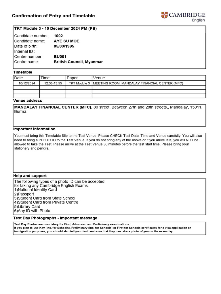 Essential English Centre-TKT Module 3 - 10 December 2024 (1) | PDF | Identity Document | Travel Visa