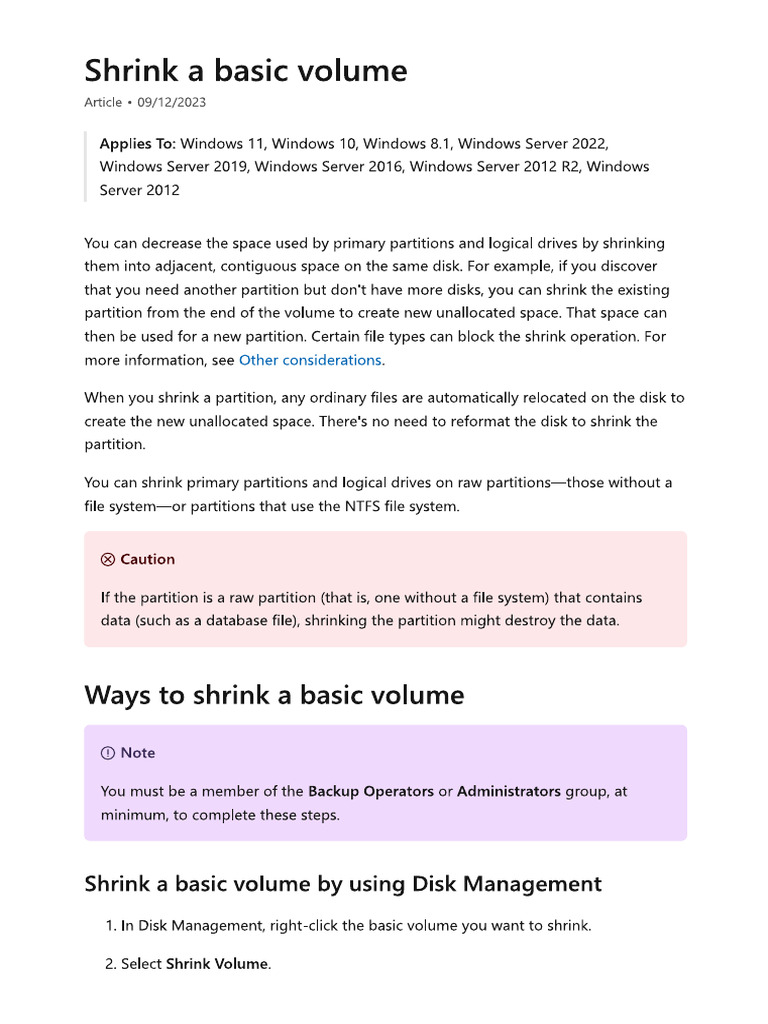 Shrink A Basic Volume | PDF