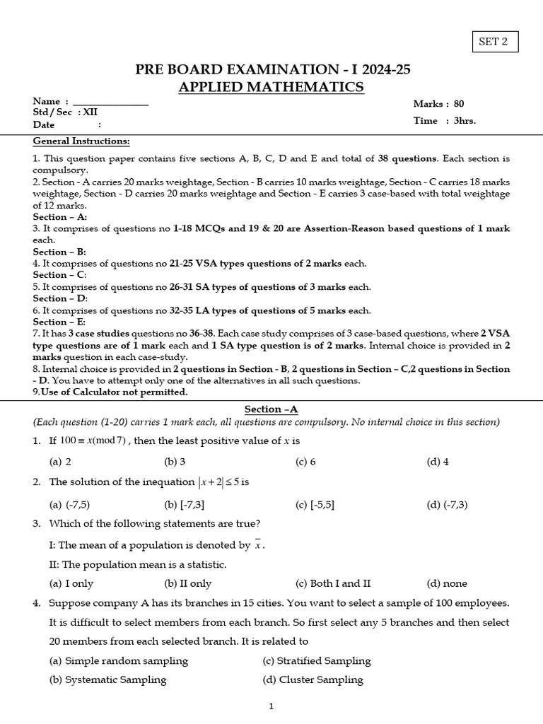 Mock 1 Xii Am - Set c (1) | PDF | Standard Score