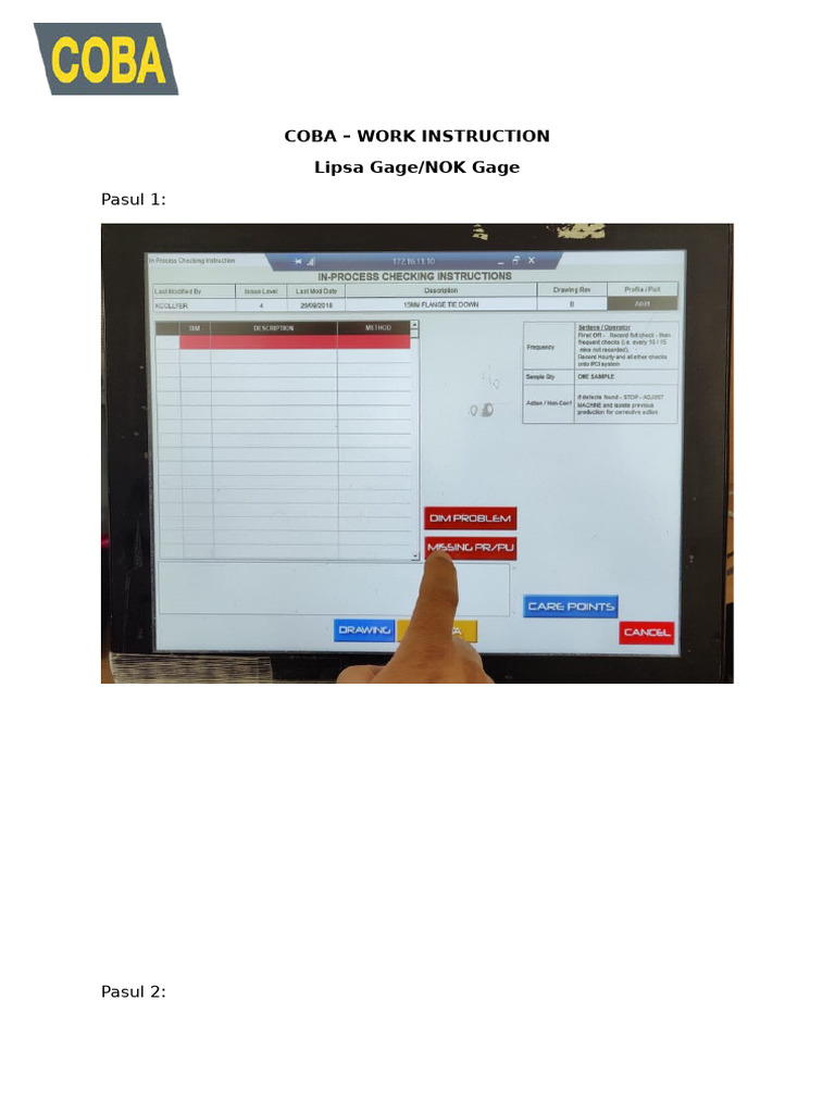 Pasul 1:: Coba - Work Instruction Lipsa Gage/NOK Gage | PDF