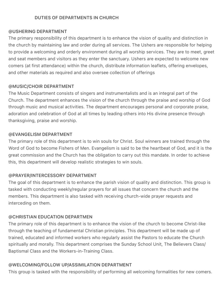 Church Departments and Their Duties | PDF | Worship | Prayer