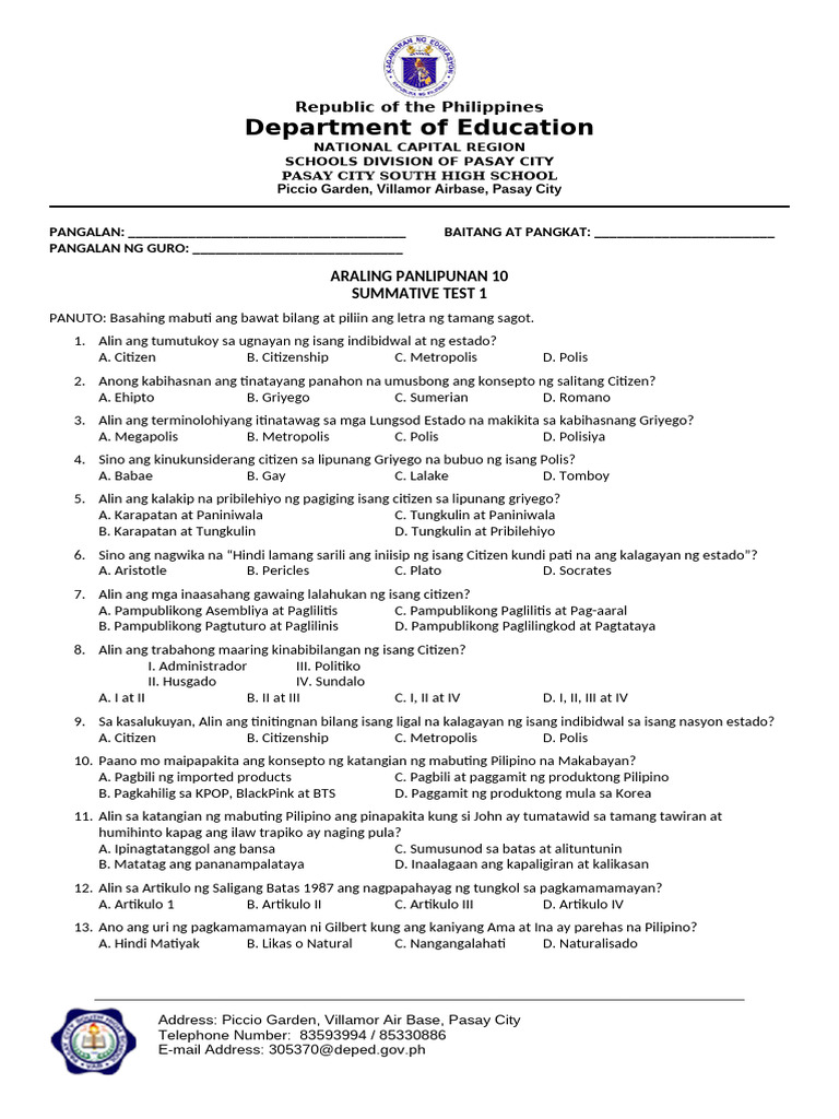 AP10-SUMMATIVE-TEST-1 | PDF AP10-SUMMATIVE-TEST-1 | PDF
