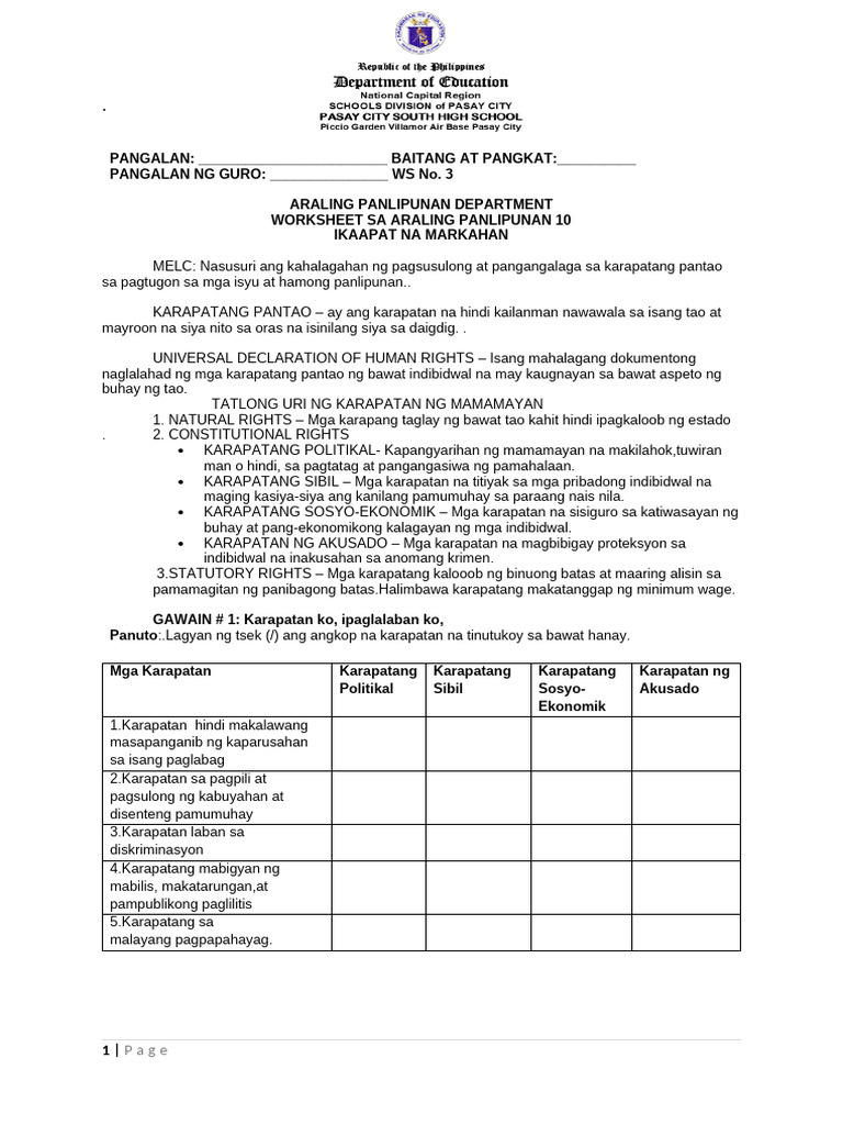 Ap10 Worksheet Quarter4 WS 3 4 | PDF