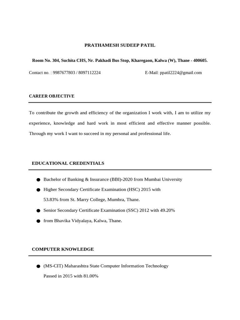 Prathamesh Patil Resume: Banking & Admin Experience | PDF