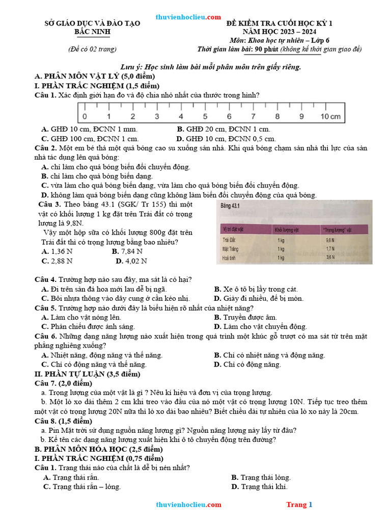 De Thi HK1 KHTN 6 Bac Ninh 23 24 | PDF