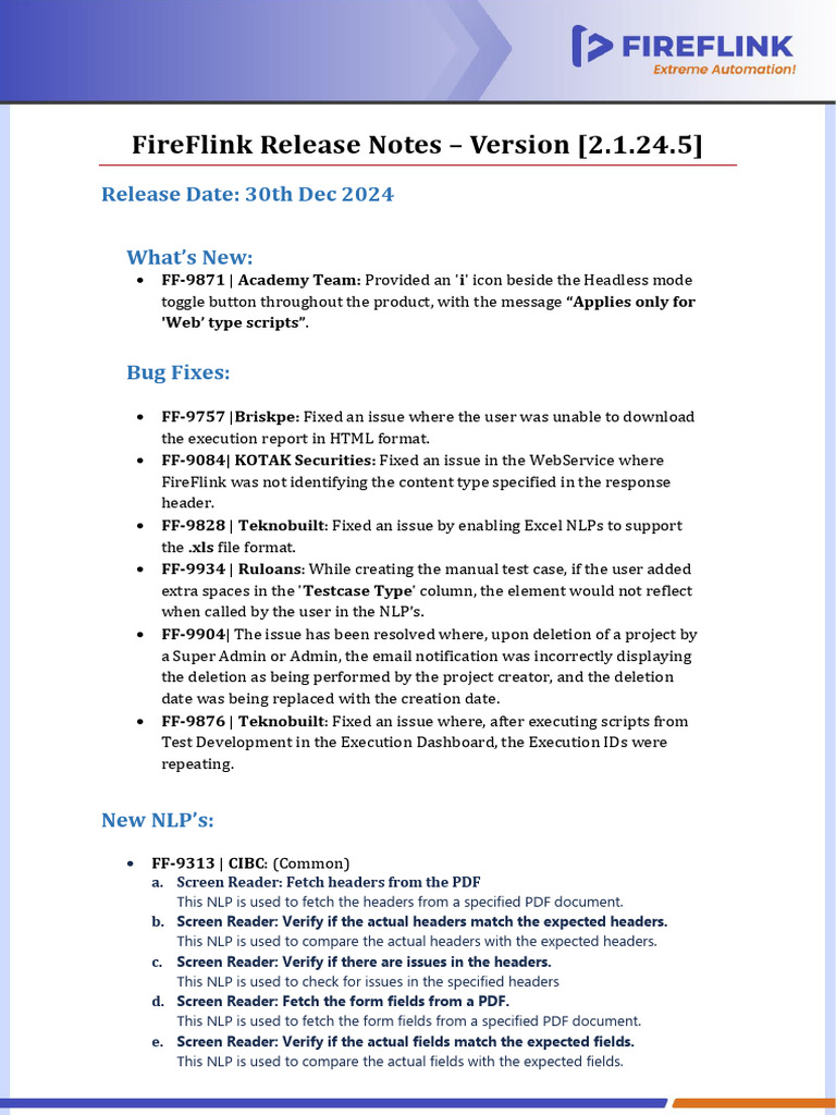 FireFlink Release Notes 2.1.24.5 | PDF | Microsoft Excel | Computing