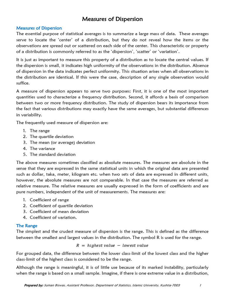 Lecture Note 05 - Measures of Dispersion | PDF | Coefficient Of ...