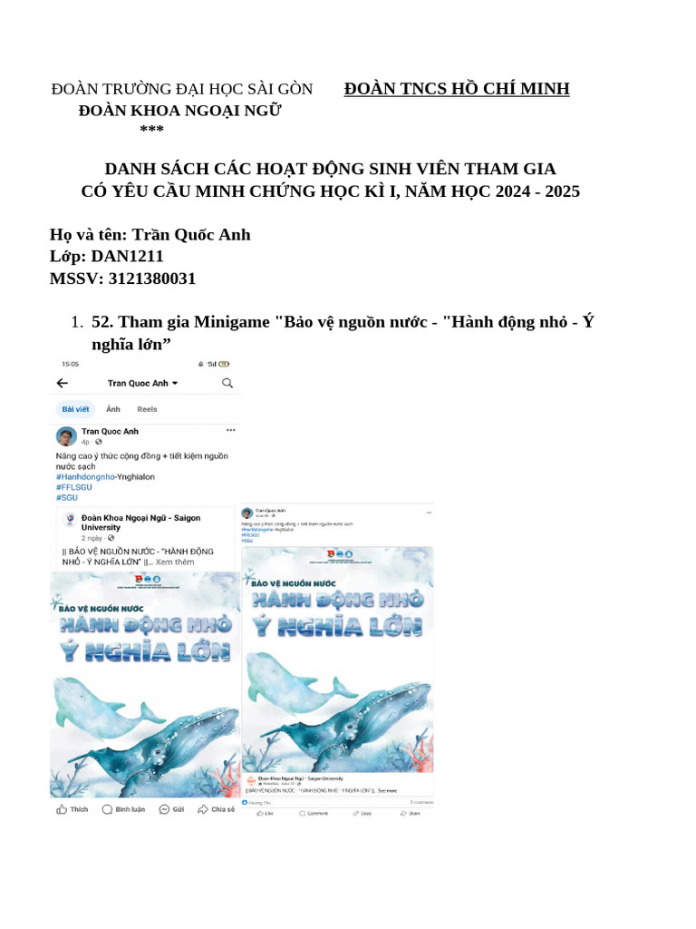 (Mssv) - danh Sách Hoạt Động Yêu Cầu Minh Chứng | PDF