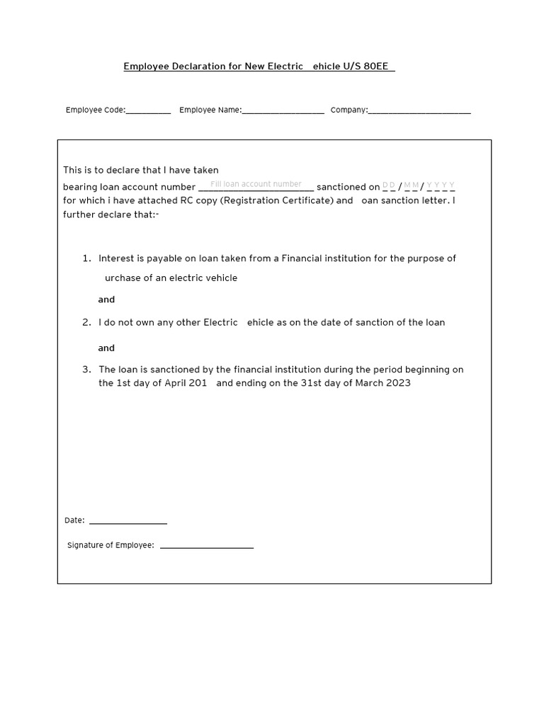 Employee Declaration for EV Loan U/S 80EEB | PDF