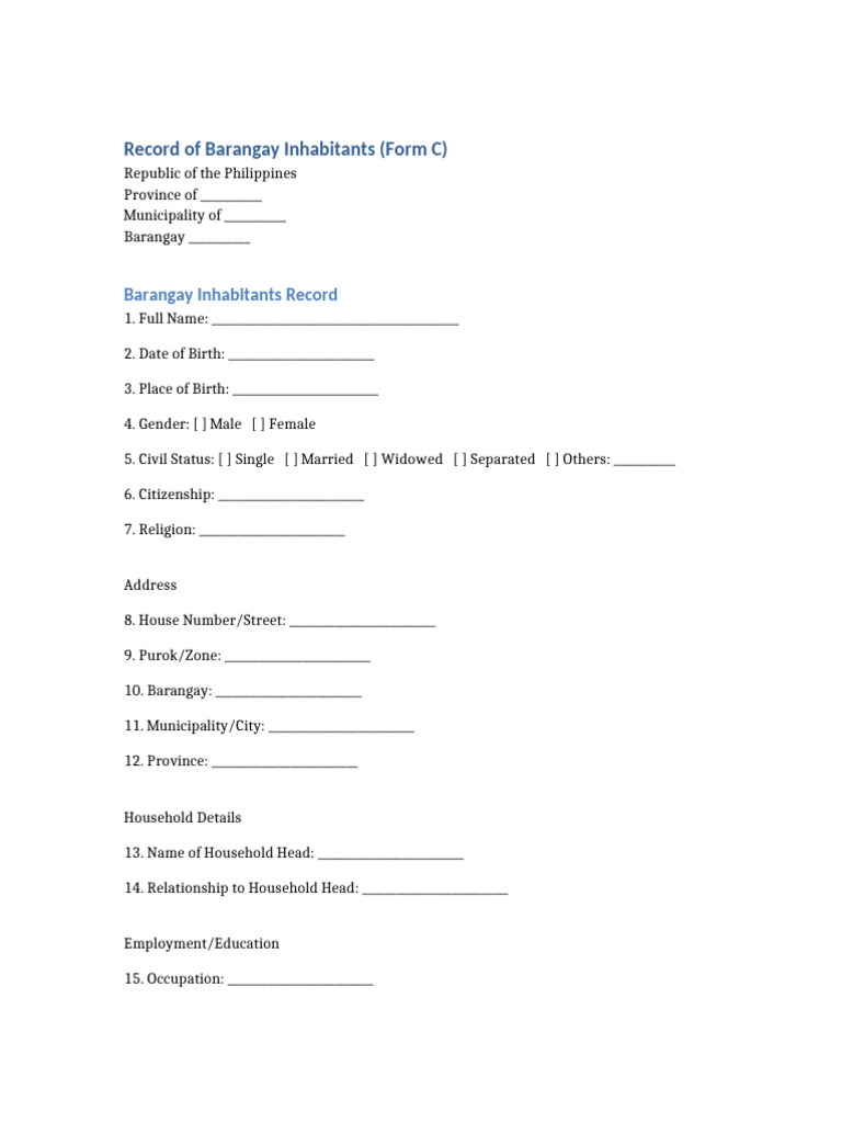Record of Barangay Inhabitants Form C | PDF
