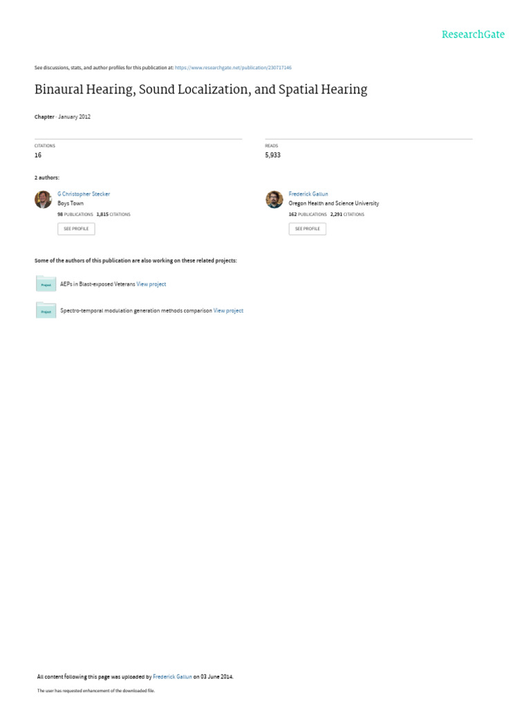 Binaural Hearing-Sound Localization-Spatial Hearing - Stecker Gallun 2012 | PDF | Neurology | Senses