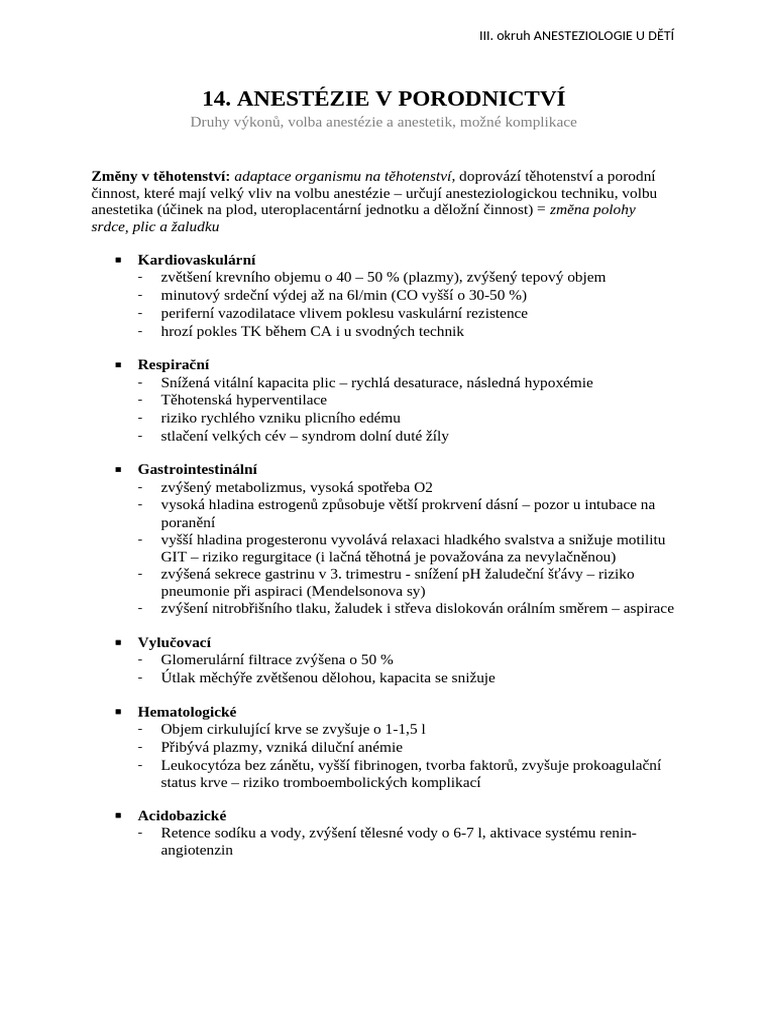 Anestézie V Porodnictví 2 | PDF