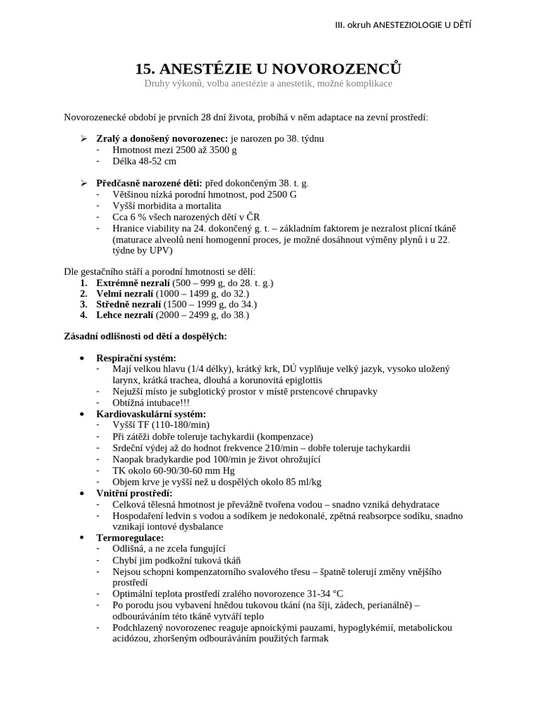 Anestézie U Novorozenců | PDF