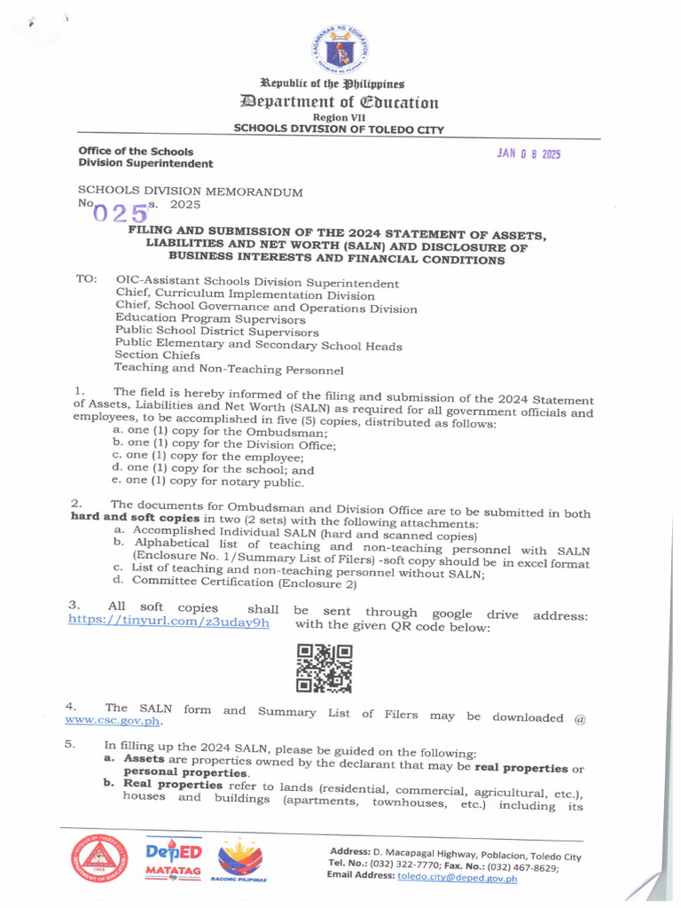 SDM No. 025, S. 2025 - Filing and Submission of The 2024 Statement of Assets, Liabilities and ...