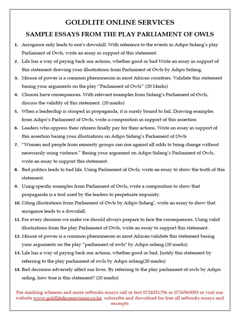 Parliament of Owls Essay Questions | PDF | Argument