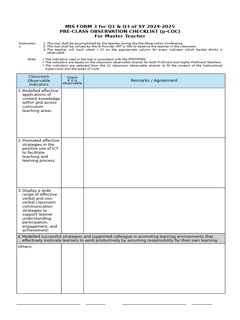 2024-2025 MIS FORM 3 & 4 For MT | PDF | Learning | Teachers