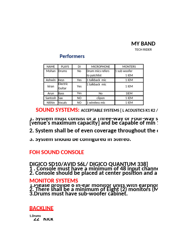 My Band Technical Rider | PDF | Microphone | Hearing