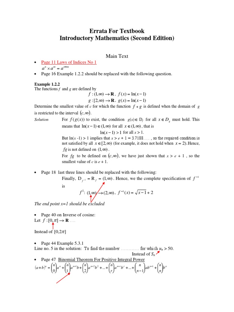 Errata For Textbook Introductory Mathematics Second Edition Pdf Function Mathematics