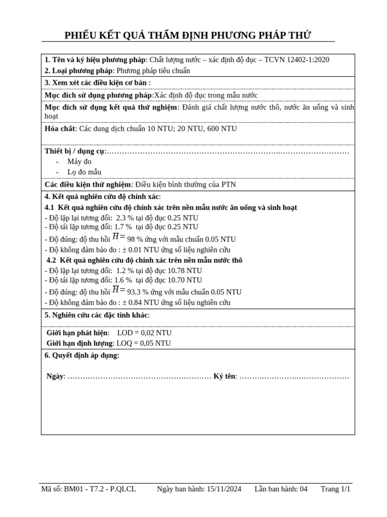 PHIẾU PHÊ DUYỆT PHƯƠNG PHÁP TH1 | PDF