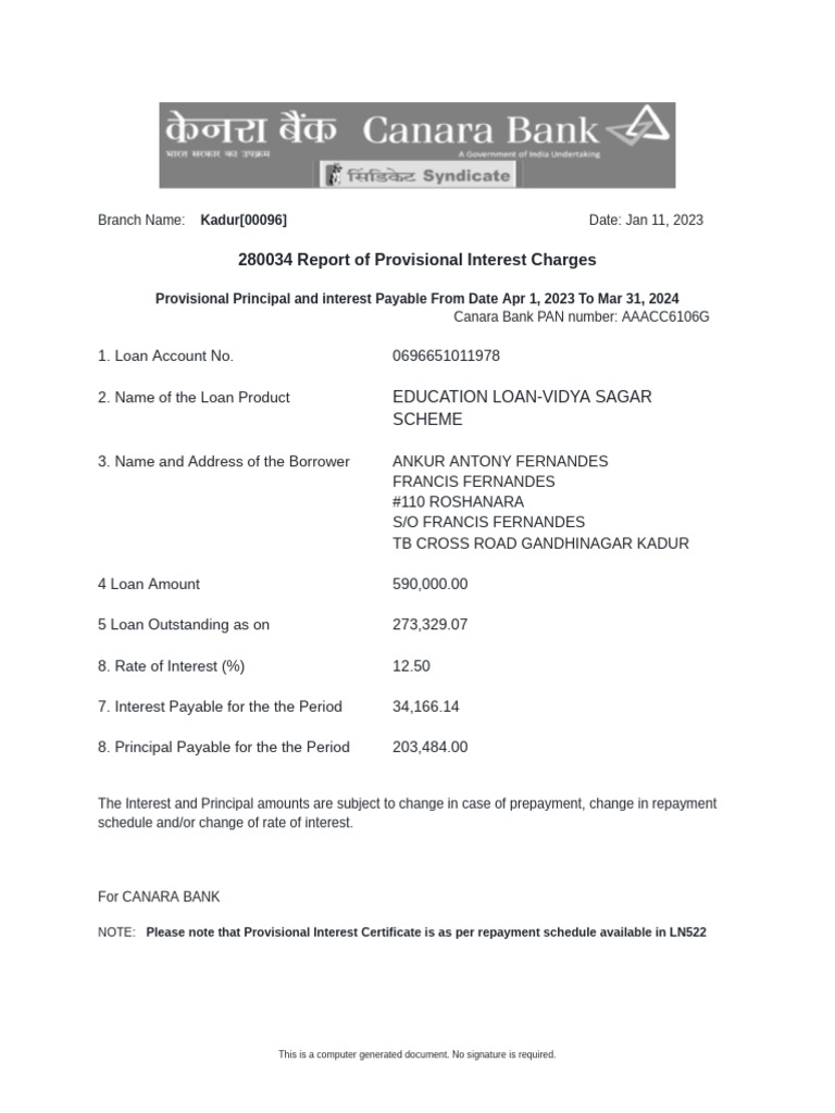 Canara Bank Education Loan Report | PDF