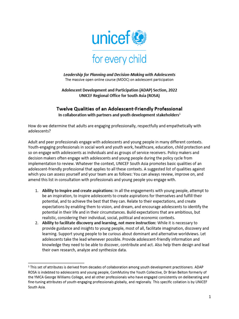 UNICEF ROSA Twelve Qualities of Adolescent-Friendly Professional | PDF ...