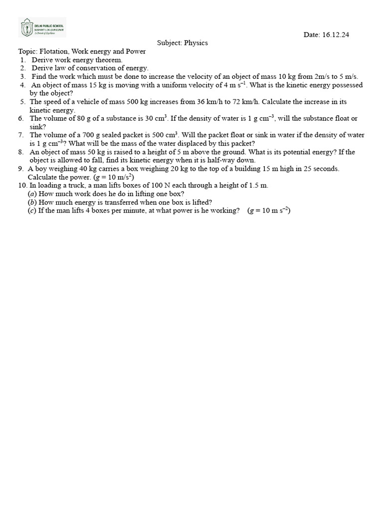 Physics of Flotation and Energy Calculations | PDF