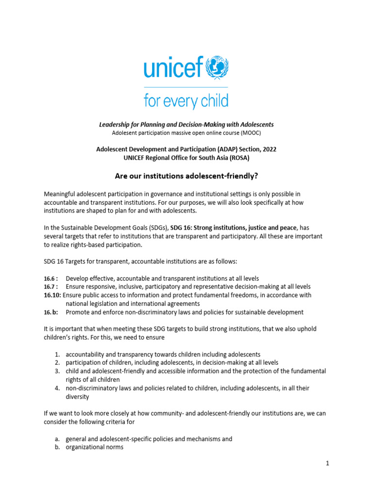 UNICEF ROSA Are Our Institutions Adolescent Friendly | PDF | Governance ...