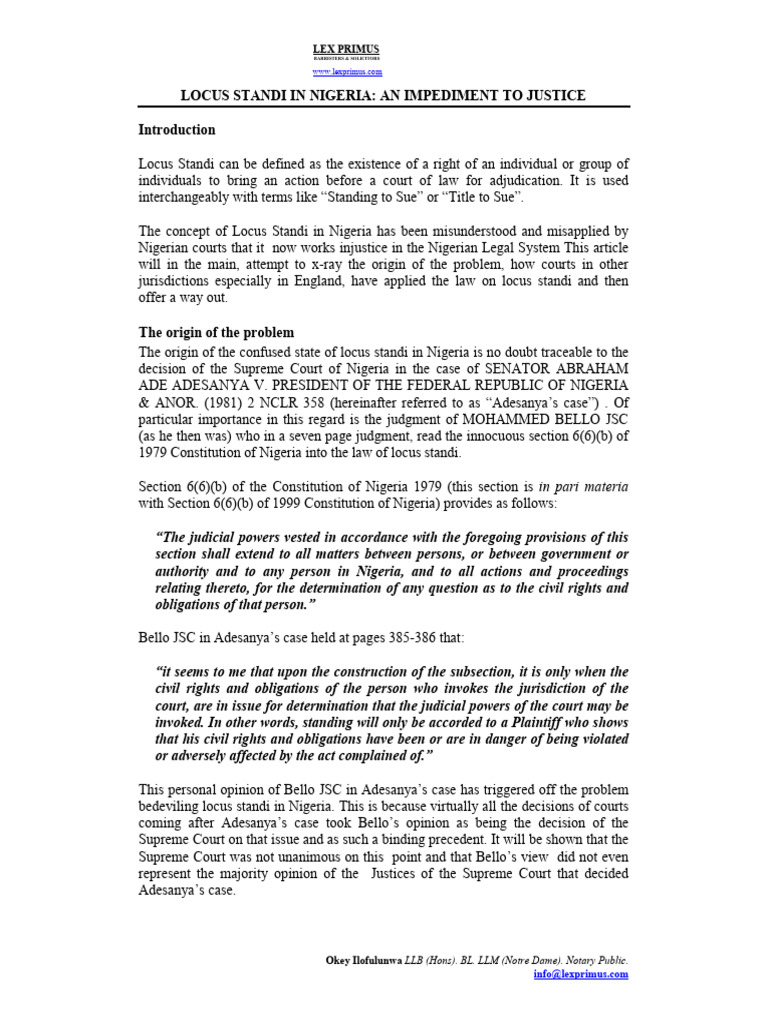 Locus Standi in Nigeria | PDF | Standing (Law) | Supreme Court Of The ...
