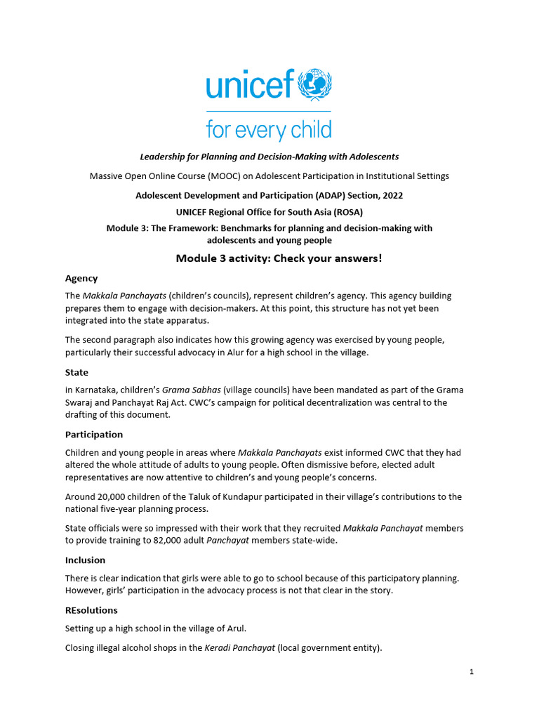 UNICEF - Participation MOOC - Module 3 - Activity - Responses | PDF