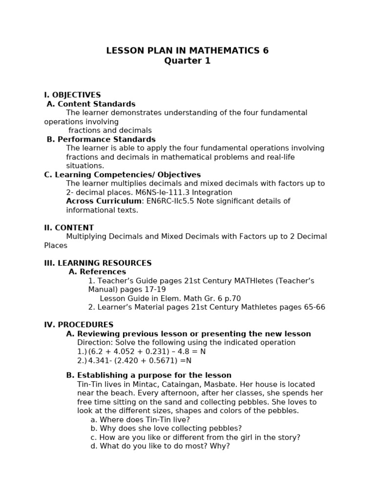 Lesson Plan in Mathematics 6 | PDF | Multiplication | Mathematics