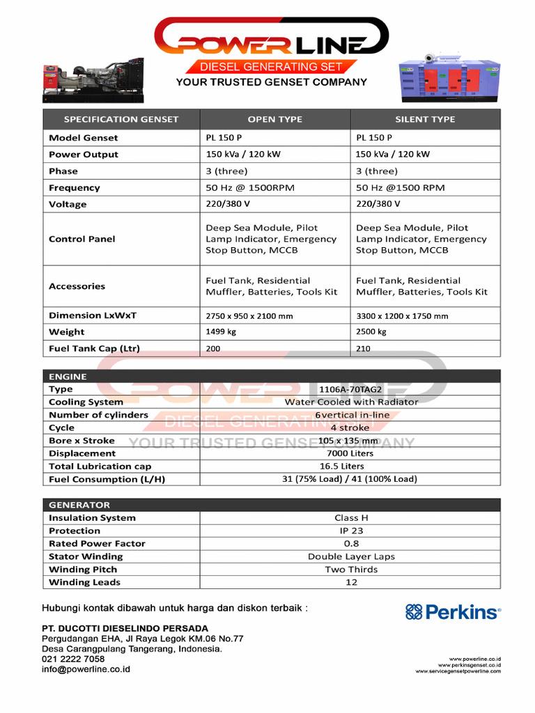 Data Sheet Genset Perkins 150 KVa | PDF