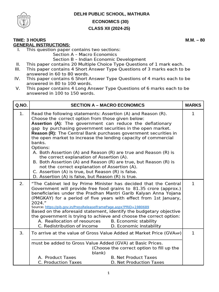 Class XII Economics Exam Paper 2024-25 | PDF | Money | Government ...