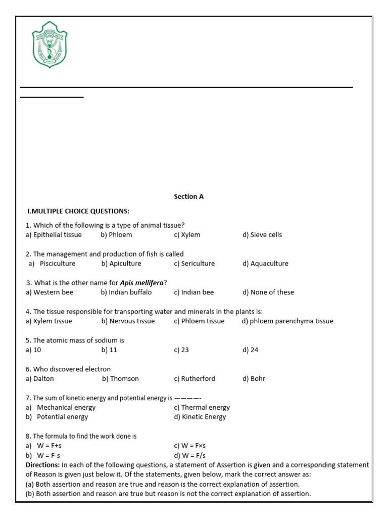 Class IX Science Test | PDF | Tissue (Biology) | Kinetic Energy