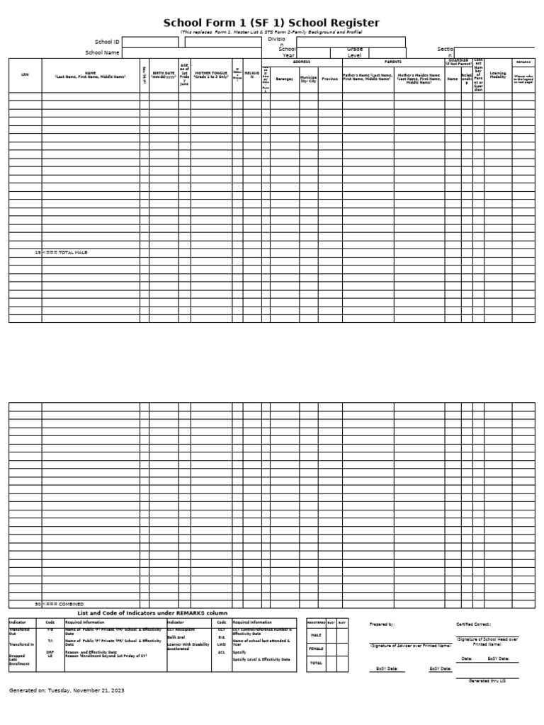 School Form 1 Register Template | PDF